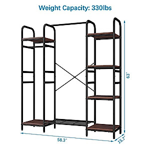 Timate P9 Clothes Rack with Shelves Portable Freestanding Clothing Rack for Hanging Clothes, Heavy Duty Garment Rack with 6 Wood Shelves & 2 Hanging Rod Sturdy Metal Storage Wardrobe for Bedroom Black