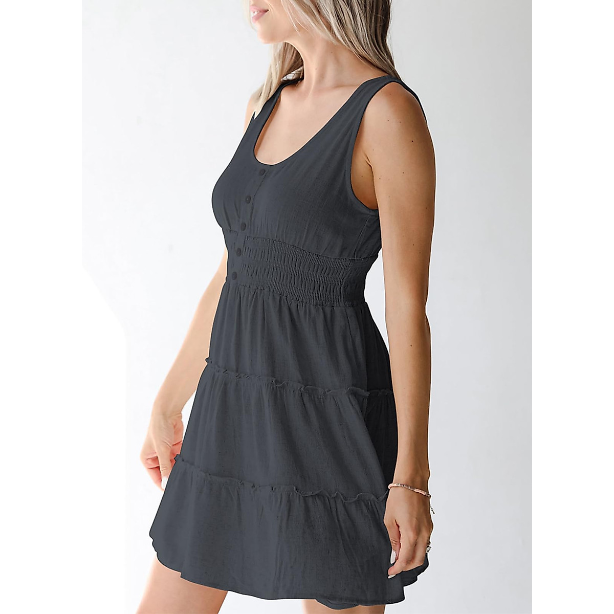 Dokotoo Beach Vacation Clothes for Women 2025 Summer Sun Dress Smocked Empire Waist Ruffle Tiered Casual Mini Button Down Dresses Sexy T Shirt Short Dress Boho Sundress Cruise Outfits Grey Medium