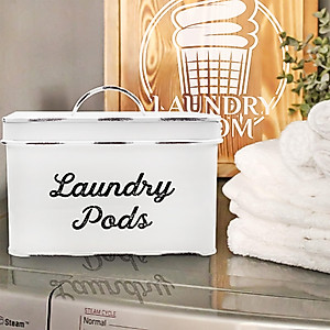 AuldHome Enamelware Laundry Pod Holder; Rustic White Laundry Pod Storage Container
