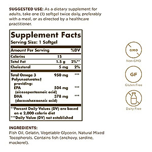 Solgar Triple Strength Omega 3 950 mg - 100 Softgels, Pack of 2 - Supports Cardiovascular, Joint & Skin Health - Non-GMO, Gluten Free, Dairy Free - 200 Total Servings