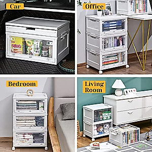 DINVES 12 Gallons Stackable Storage Bins with Attachable Wheels, 3 Pack Folding Storage Bins with Lid, Collapsible Storage Boxes, Plastic Storage Containers for Toys, Towels and Snacks