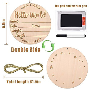 Baby Announcement Sign, 5.9 inch Double Side Wooden Birth Announcement Sign with Ink Pad for Baby Hand and Footprints for Hospital Hello World Newborn Announcements