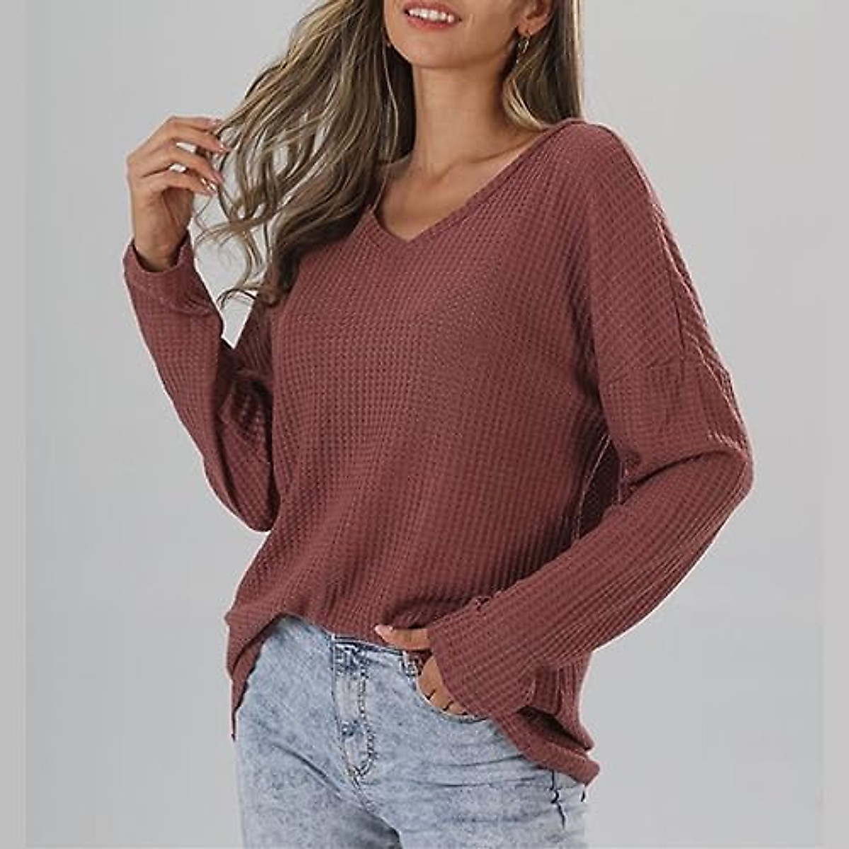 Deals of The Day Clearance Women's Tops Oversized v-Neck Long Sleeve Solid Color Shirts Waffle Knit Casual Loose 2023 Trendy Tees Shirt Wine M