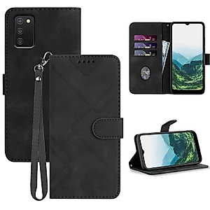 JHWVVTF for Samsung Galaxy A03s (US Version) Phone Case Wallet, Card Holder Leather Kick-Stand, Wrist Strap, Magnetic Closure, Shockproof Protective Pattern Flip Cover (Black)