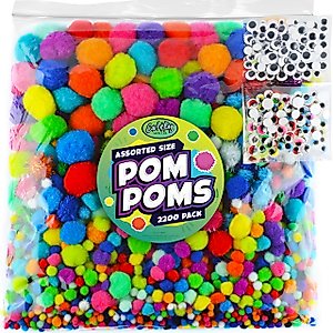 2200 Pieces - Pom Poms Balls for Craft Supplies - Large and Small Assorted Colored Fuzzy Pompoms with 200 Googly Eyes