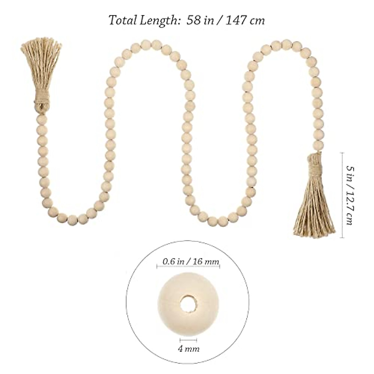 Wooden Beads Garland Farmhouse Decor: 58in Boho Rustic Wood Prayer Beaded with Tassel Natural Modern Large Decorative Home Neutral Bead