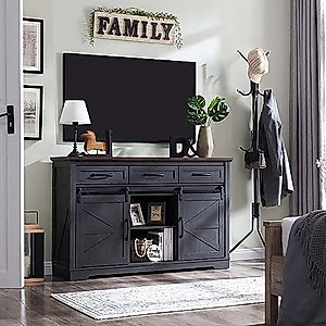 SinCiDo Bedroom TV Stand for 60 Inch TVs, Farmhouse Entertainment Center with 3 Drawers, Rustic Wood TV Console Cabinet with Sliding Barn Door for Bedroom, Living Room, Dining Room, Dark Grey