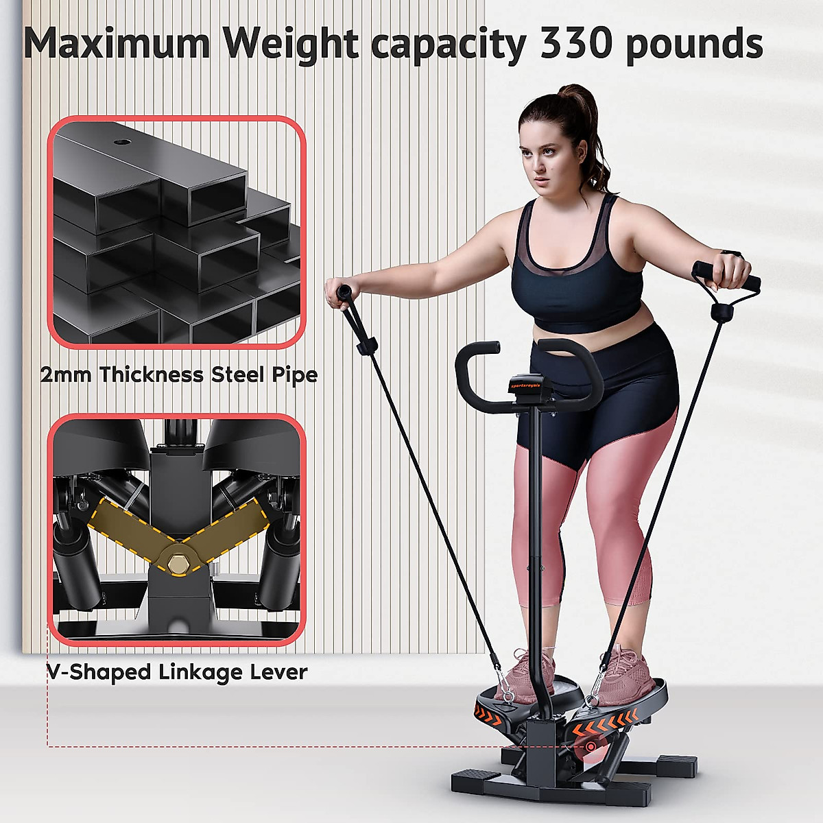 Sportsroyals Stair Stepper for Exercises-Twist Stepper with Handlebar and Resistance Bands for 330lbs Weight Capacity