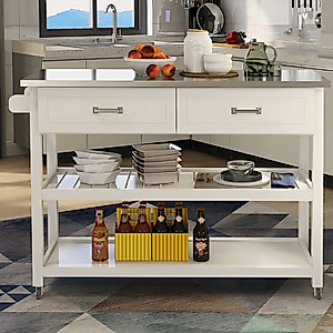 Amposei Kitchen Island 47’’ Stainless Steel Top Rolling Utility Cart on Wheels with Drawers and Storage Shelves (White)
