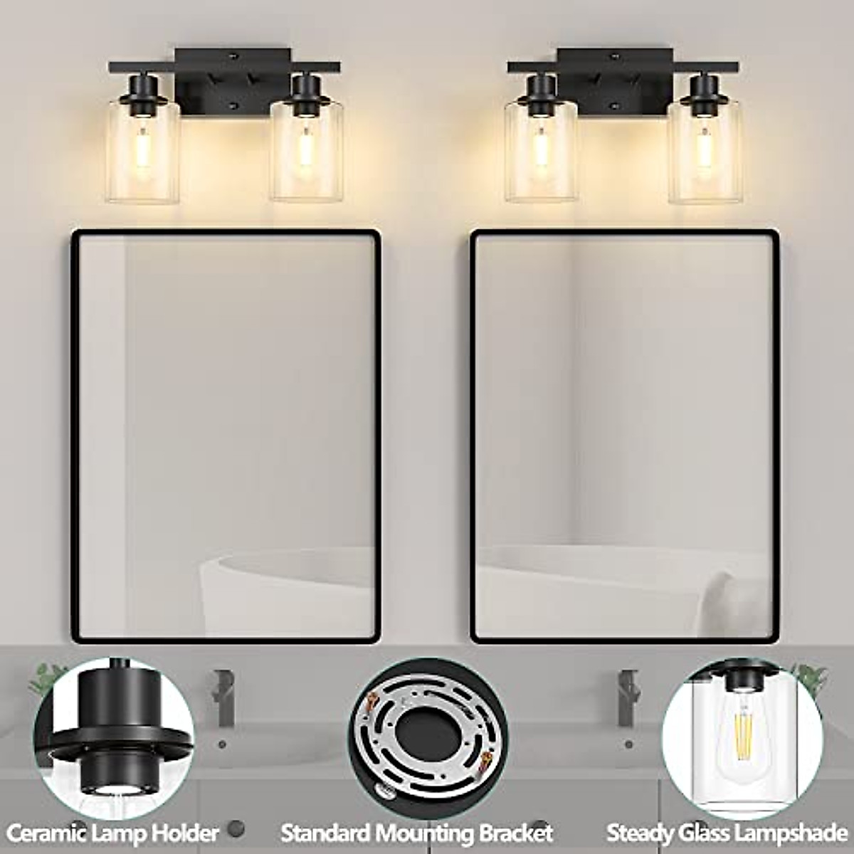 2-Light Black Bathroom Light Fixture, Vanity Light Over Mirror with Clear Glass Shade, Modern Black Sconce Wall Lighting with Metal Base, Farmhouse Wall Mount Lamp for Bathroom, Living Room, Bedroom