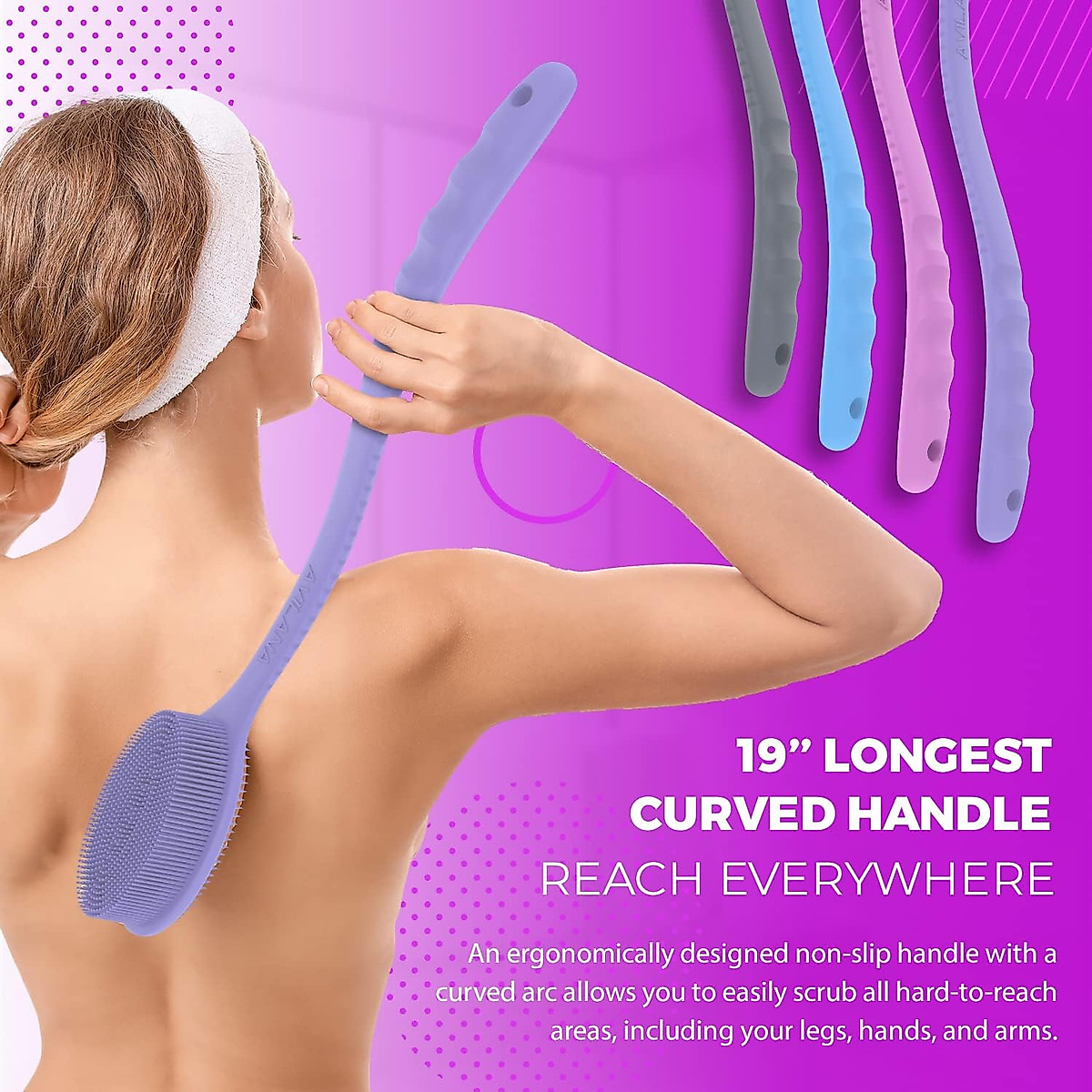 Avilana Back Scrubber for Shower,19 inch Silicone Body Scrubber with Handle, Shower Back Scrubber for Men and Women, Back Brush for Shower, Loofah with Handle Shower Brush (S1-Lavender)