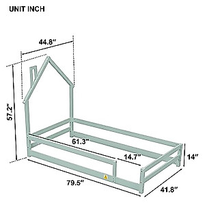 SIYSNKSI Twin Size Platform Bed, Wooden Platform Bed Frame with House-Shaped Headboard, Floor Bed with Fences for Kids Boys Girls Bedroom, Easy Assembly (Light Green + Pine 04)