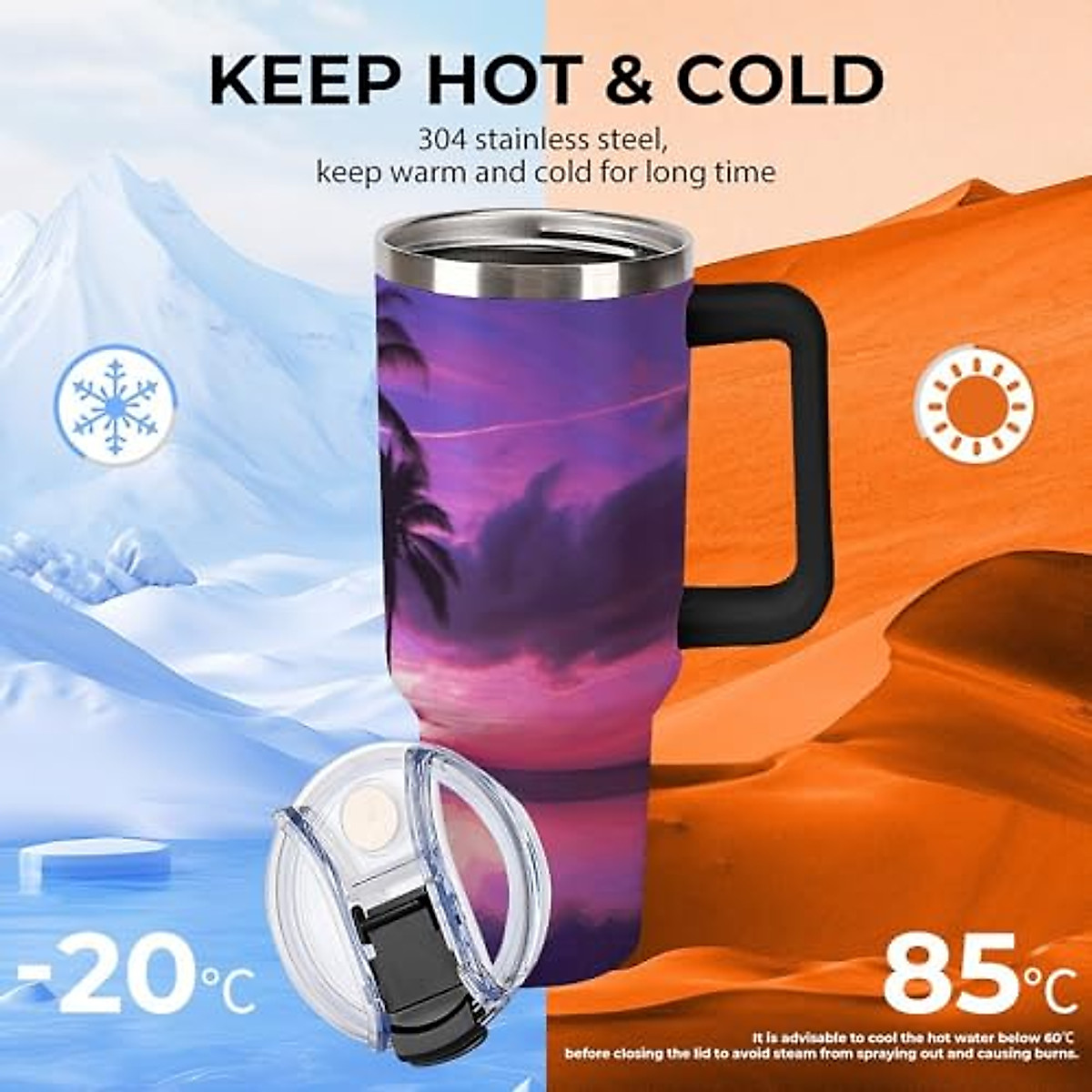 STVNKML 40 Oz Tumbler with Handle Palm Tree Purple Sunset Stainless Steel Coffee Mug Reusable Travel Mug Leak-proof Insulated Car Cup Large Capacity Tumbler for Travel, Outdoor, Home Use (Black)