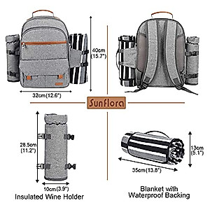 Sunflora Picnic Backpack for 4 Person with Blanket Picnic Basket Set for 2 with Insulated Cooler Wine Pouch for Family Couples (Gray)