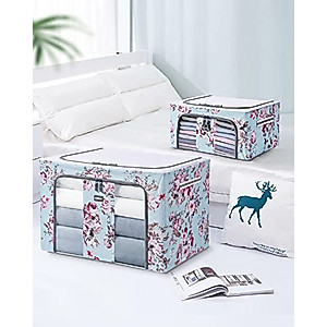 LitBear 2 Pack 24L Clothes Storage Bins Foldable Metal Frame Storage Box - Stackable Oxford Fabric Container Organizer Set with Carrying Handles and Clear Window(Blue floral)