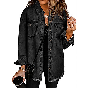 Dokotoo Women's Casual Boyfriend Oversized Lapel Button Up Long Sleeve Denim Trucker Jacket Distressed Ripped Denim Jackets Fray Hem Tassels Jean Jacket for Women with Pockets, (US 8-10) M,Black