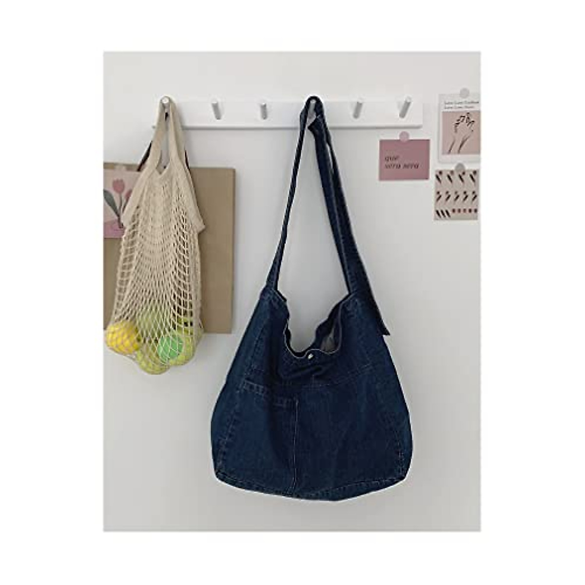 Retro Y2K Denim Shoulder Bag, Large Capacity Hobo Crossbody Messenger Bag, Aesthetic Handbag Fairy Grunge Tote Bag (Dark Blue)