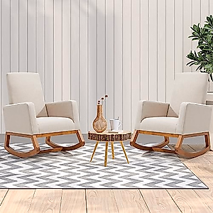 YOLENY Rocking Chair with Footstool, Upholstered Nursery Glider Rocker, Modern Accent Rocking Lounge Chair, Comfy High Back, Linen Armchair,Beige