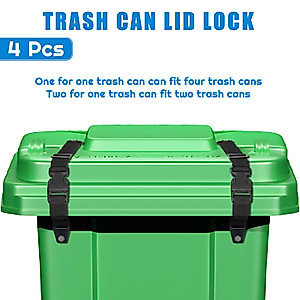4 Pcs Trash Can Lid Lock, Universal Garbage Can Lock Strap, Adjustable Outdoor Trash Can Lock for Animals, Squirrels, Dogs, Raccoons, Locking Trash Can During Strong Winds-Black