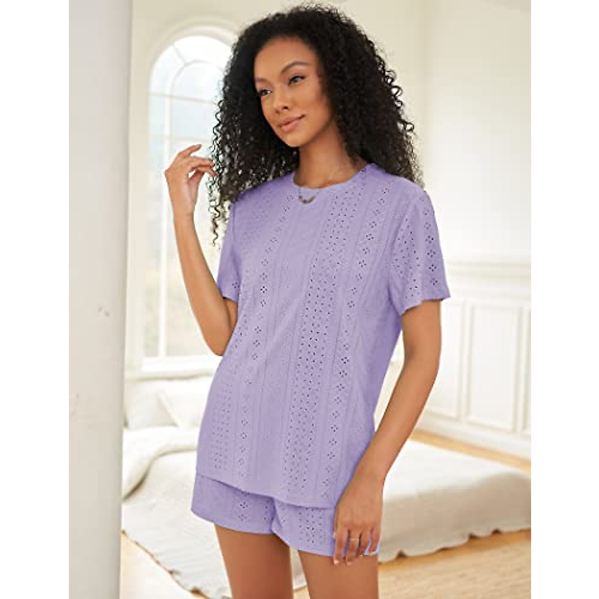 Ekouaer Women's Short Sleeve Pajama Sets Lounge Top and Shorts Hollow Out Pj Outfits Set for Summer (Purple, S)