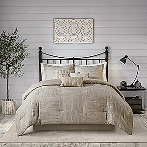 Madison Park Walter Comforter-Luxe Seersucker Print Design All Season Down Alternative Bedding, Matching Shams, Bedskirt, Decorative Pillows, Queen (90 in x 90 in), Taupe