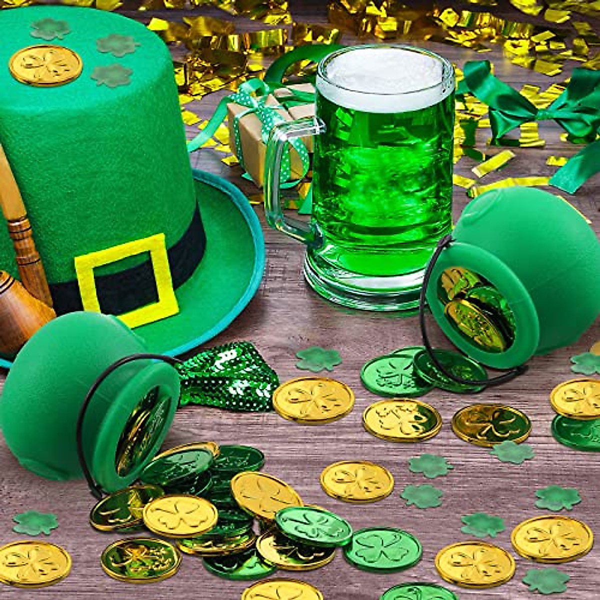 156 Pieces St Patricks Day Decorations Set Includes 6 Green Leprechaun Cauldron with Handle Lucky Leprechaun Pot 50 St. Patrick Lucky Shamrock Plastic Coins and 100 Shamrock Clover Confetti for Party