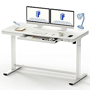 FLEXISPOT 55" White Electric Standing Desk with Drawers, Quick Assembly Home Office Sit Stand Desk with Storage, USB Charging, Computer Desk for Home Office (White Top + Adjustable Frame, Comhar)