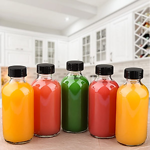 PINIWON 12 Pack 4 oz Clear Glass Bottles, 120ml Boston Round Sample Bottles with Black Poly Cone Caps, Labels, Funnels and Brush