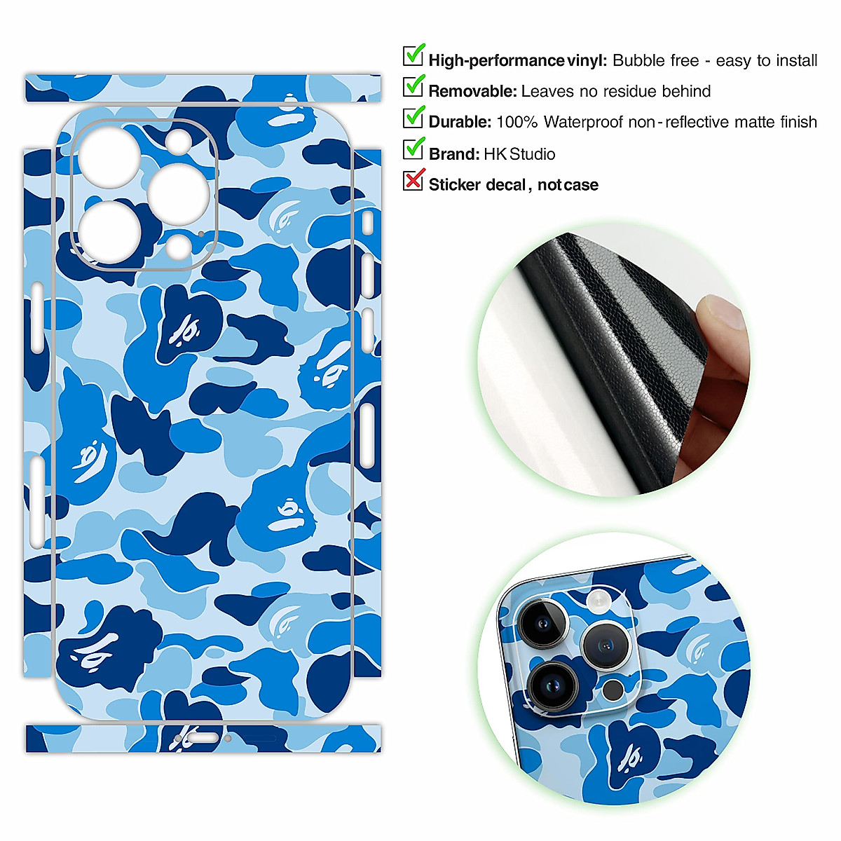 HK Studio Blue Camo Skin Decal (Not Case) for iPhone 14 Pro Max - No Bubble, Slim, Waterproof - Protecting & Personalizing iPhone's Back, Camera, Frame