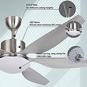 reiga 66" Modern Sleek Ceiling Fan with Dimming Light and APP Remote Control, 6 Matt Sliver Blades Reversible DC Motor for Kitchen, Bedroom, Patio