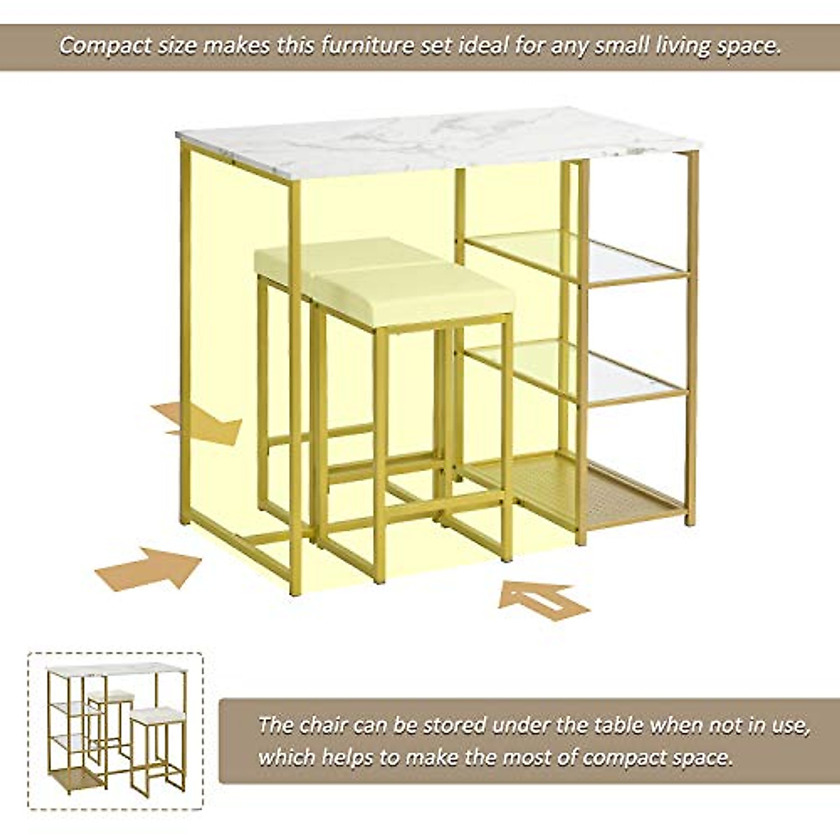 FIQHOME Dining Table Faux Marble Countertop and 2 Padded Stools,3-Piece Modern Pub Set with 3 Storage Shelves for Living Room,Restaurant,Bar,White+Gold