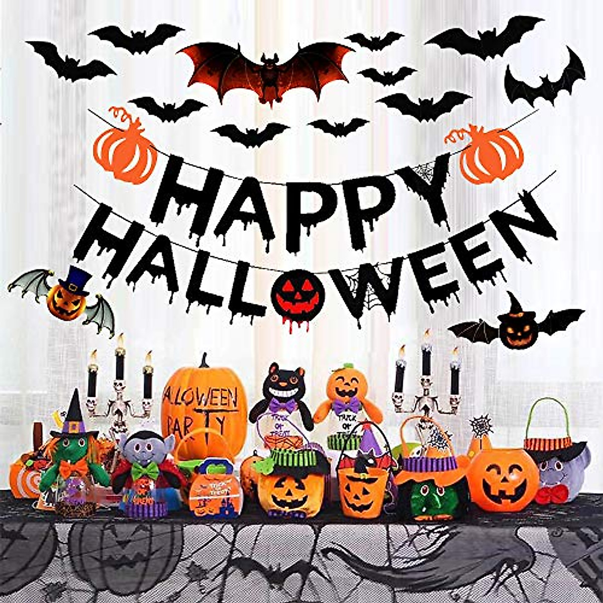 JOLLY SWEETS Happy Halloween Banner Set with Scary Bat Stickers 28Pcs, Pumpkin Sign Designed with Ghost, with Scary 3D Bat Wall Stickers, Halloween Decorations, Halloween Party Supplies