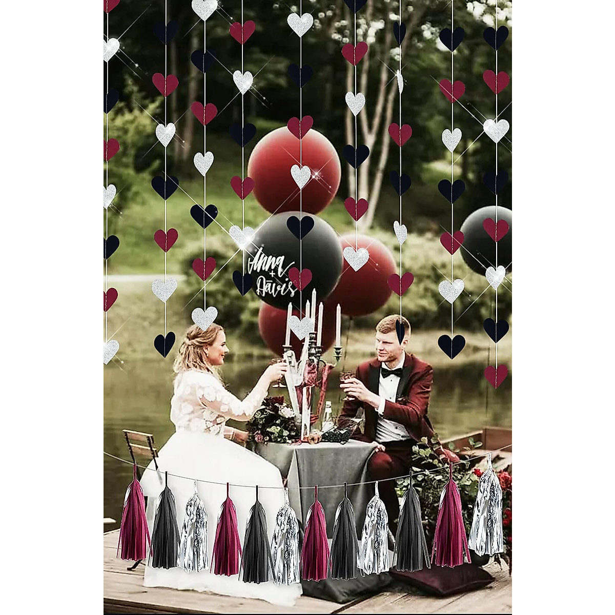 Bridal Shower Decorations Maroon Black/Wedding Decorations/Burgundy Valentine's Day Garland Decorations/Maroon Black Birthday Party Decorations Burgundy Black Heart Paper Garlands 2pcs