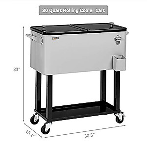 VINGLI 80 Quart Rolling Ice Chest, Portable Patio Party Bar Drink Cooler Cart, with Shelf, Beverage Pool with Bottle Opener,Grey