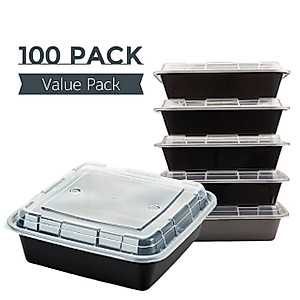 Sunrise Pak [100 Sets] 48oz Square Meal Prep Containers, Black Plastic Containers, To Go Container, Bento Box, Lunch Box, Food Storage Container, BPA Free, Reusable (SR8148B)