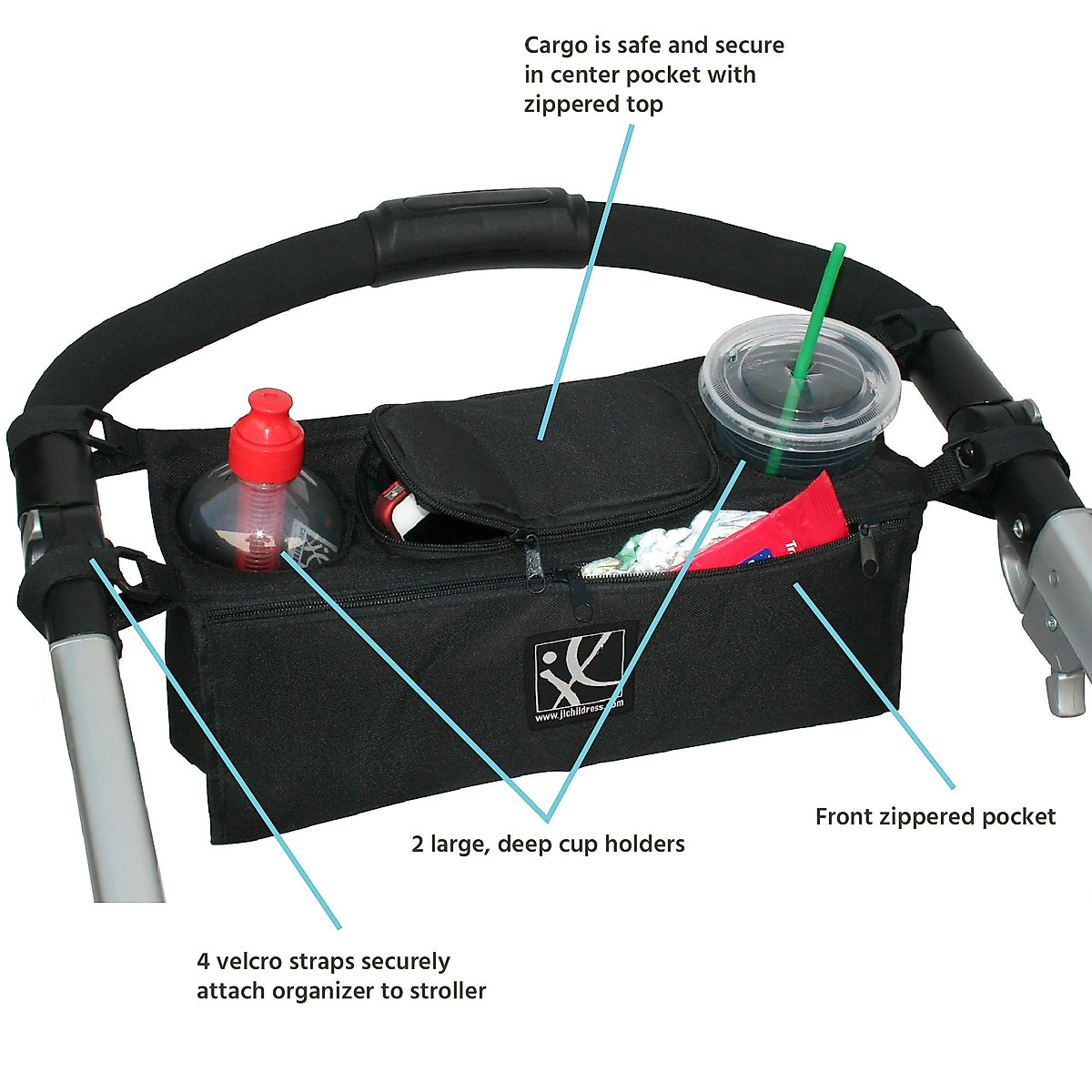 J.L. Childress Sip N Safe - Universal Stroller Accesory and Organizer - Deep Cup Holders, Zippered Compartments, Secure Pockets - for Jogging Strollers, Doona, Graco, Jeep, UPPAbaby, BOB - Black