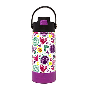 Hydraflow Hybrid Kids Water Bottle with Flip Straw Lid and Boot - Triple Wall Vacuum Insulated Water Bottle (14oz, Flower Hearts) Stainless Steel Metal Thermos, Reusable Leak Proof BPA-FREE