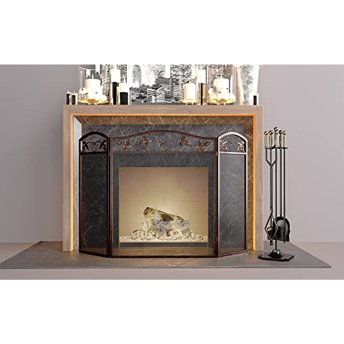 CALIDOLA 5 Pieces Fireplace Tool Set, Cast Iron Hearth Accessories Tools with Antique Brass Handles