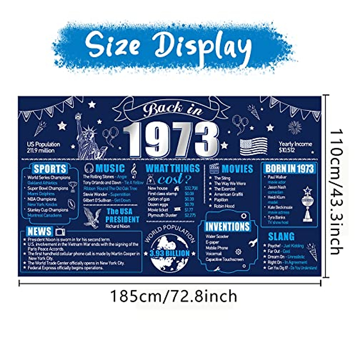 Large Blue Silver 50th Birthday Banner Backdrop Decoration for Men, Navy Blue 50th Birthday Back in 1973 Birthday Banner Party Supplies, Happy 50 Years Old Birthday Photo Background for Indoor Outdoor