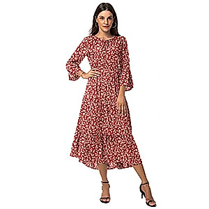 VIISHOW Women's Bohemian Midi Dress 3/4 Sleeve Floral Print Front Tie Neck Ruffle Hem Long Casual Dress(Flower Red,X-Large)