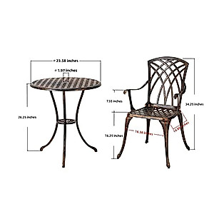 ZOTORUN Bistro Set 3 Piece Rustproof Cast Aluminum Patio Furniture Sets Round Table with Umbrella Hole for Outdoor, Patio, Balcony, Bronze