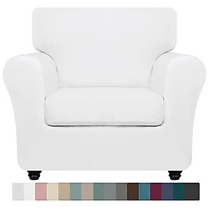 ZNSAYOTX Luxury Velvet Chair Slipcovers with Arms 2 Piece Stretch Chair Covers for Living Room Thick Soft Armchair Slipcover Anti Slip Dog Pet Friendly Furniture Protector (White),30"-47"(1 Cushion)