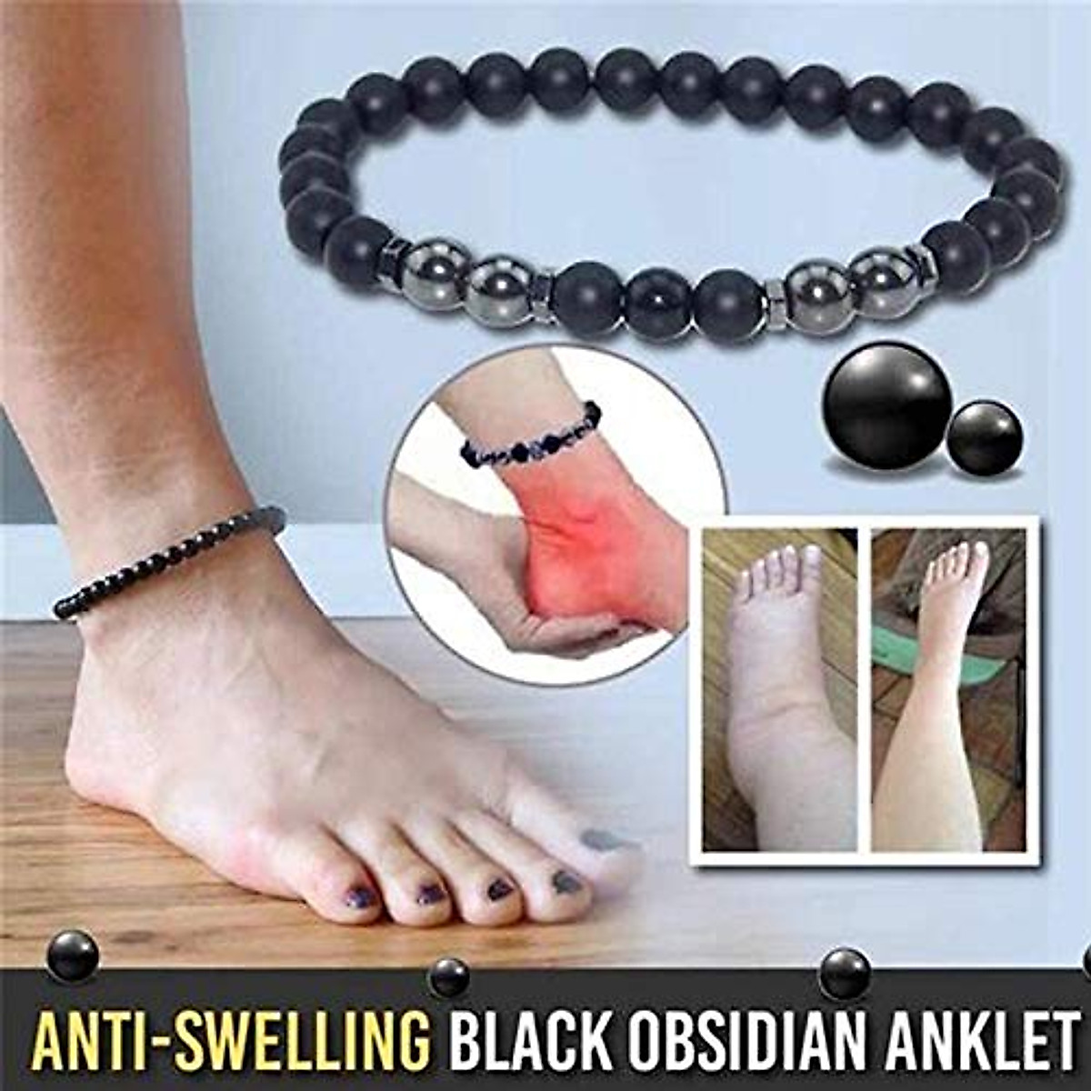 ZHUANMONI Anti-Swelling Black Obsidian Anklet, 4Pcs Magnetic Therapy Ankle Bracelet, Obsidian Beaded Bracelet For Men/Women Gifts