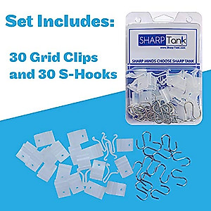 SHARP TANK Clear Grid Clips - 60 Pc Set Ceiling Hook Kit (30 Clips, 30 Hooks) Perfect for Hanging Classroom Decorations, Signs, Decore from Drop Ceiling T-Bar
