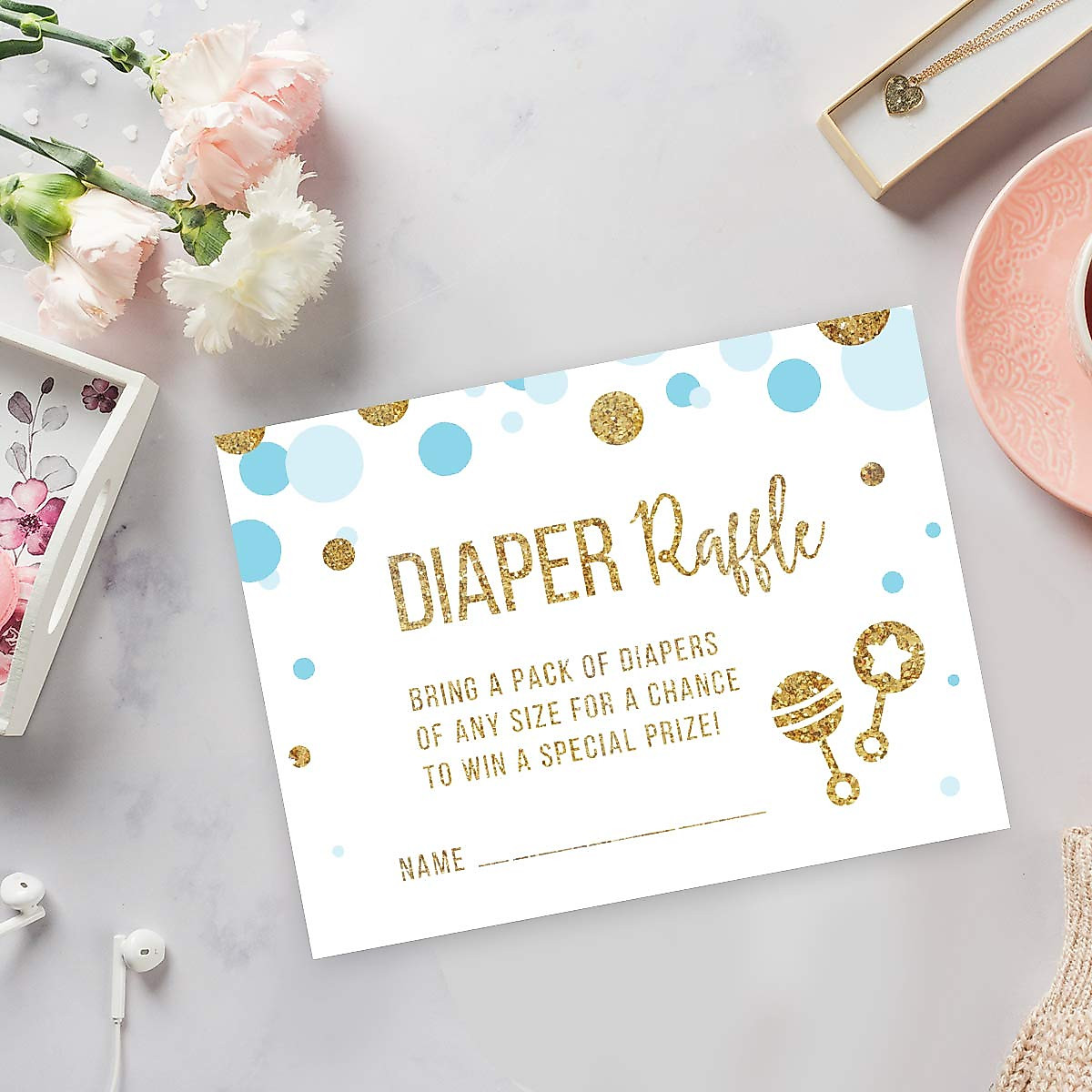 Andaz Press Light Blue Gold Glitter Boy Baby Shower Party Collection, Games, Activities, Decorations, Diaper Raffle Cards, 30-pack