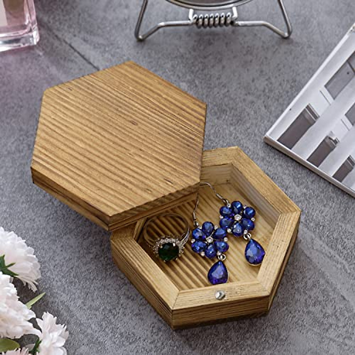 MyGift 3 Inch Brown Solid Wood Wedding Ring Box, Hexagon Shape Trinket Box and Ring Holder, Small Jewelry Gift Box