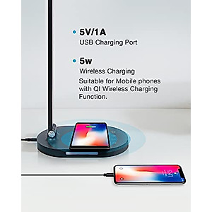hukunos LED Desk Lamp with Wireless Charger & USB Charging Port, Architect Desk Lamps for Home Office, Bedside Table Lamp with Night Light for Work Study Reading Adjustable