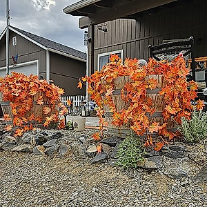 CQURE 14 Pack 98Ft Fall Leaf Garland, Hanging Vines Garland Artificial Fall Maple Leaves Garland Thanksgiving Decor for Home Wedding Fireplace Party （Orange Green）