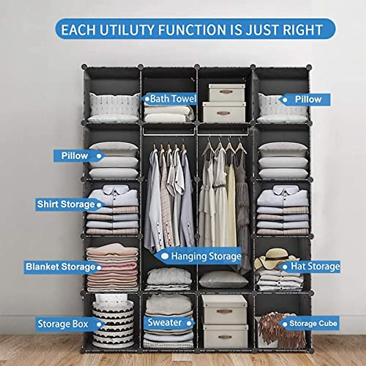 BRIAN & DANY Portable Wardrobe Closet - Cube Storage Organizer with 2 Hanging Rails, Modular Wardrobe for Space Saving, Bedroom Armoires for Toys, Shoes, Clothes - 12 Cubes
