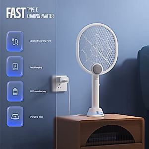 Buzbug Electric Fly Swatter, Type-C Rechargeable Bug Zapper Racket with Charging Base, Foldable Bug Zapper for Indoor and Outdoor, Mosquito Swatter with Blue-Purple Working Light